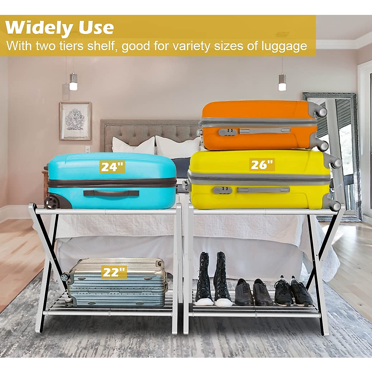 mocomax 1 Pack Folding Luggage Rack for Guest Room, Foldable Suitcase Stand Holder with Metal Storage Shelf for Bedroom, Living Room, Hotel Essentials, Heavy Duty Steel Frame, White