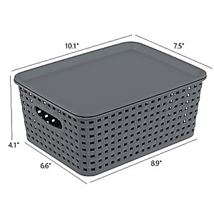 Yarebest 6-Pack Small Plastic Woven Storage Basket with Lid, Grey Basket Bin
