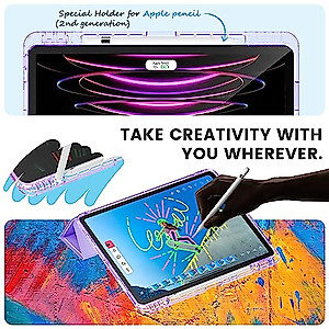 INFILAND Compatible with iPad Pro 12.9 Case 2022/2021(6th/5th Gen), [Crystal Clear Both Back & Frame] Anti-Yellowing + Pencil Holder (A2378, A2461, A2379, A2462, A2436, A2764, A2437, A2766) Purple