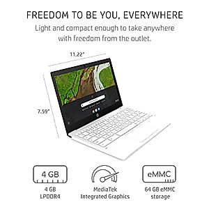HP Chromebook 11 Laptop, MediaTek MT8183, 4 GB RAM, 64 GB eMMC, 11.6" HD Anti-Glare Screen, Chrome OS, Long Battery Life, USB-C Port, Custom-Tuned Speakers, Small Size (11a-na0080nr, 2022, Snow White)