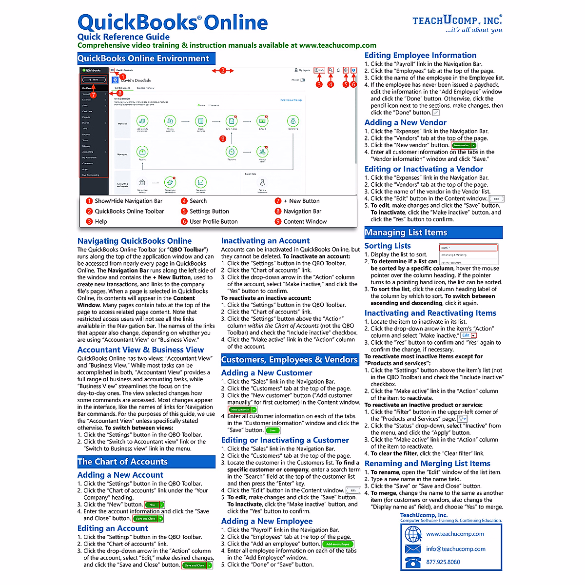 QuickBooks Online Quick Reference Training Card - Laminated Tutorial Guide Cheat Sheet (Instructions and Tips)