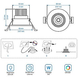 2Inch LED Recessed Ceiling Light, 3W Dimmable LED Downlight, 60 Beam Angle COB Recessed Lights with Driver, Daylight White 5000K-5500K, 25W Halogen Bulbs Equivalent for Ceiling Lighting, 10Pack