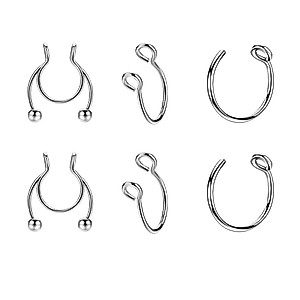JOFUKIN 6pcs Silver Stainless Steel Fake Nose Ring Flexible Fake Septum Ring Non Pierced Fake Horseshoe Septum Piercing Clip On Nose Rings
