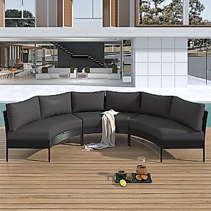 LOUHME 3-Piece Curved Outdoor Conversation Set, All Weather Semicircle Sectional Sofa with Metal Frame and Cushions, Outdoor Half-Moon Patio Furniture Set for Patio Deck Garden, Gray