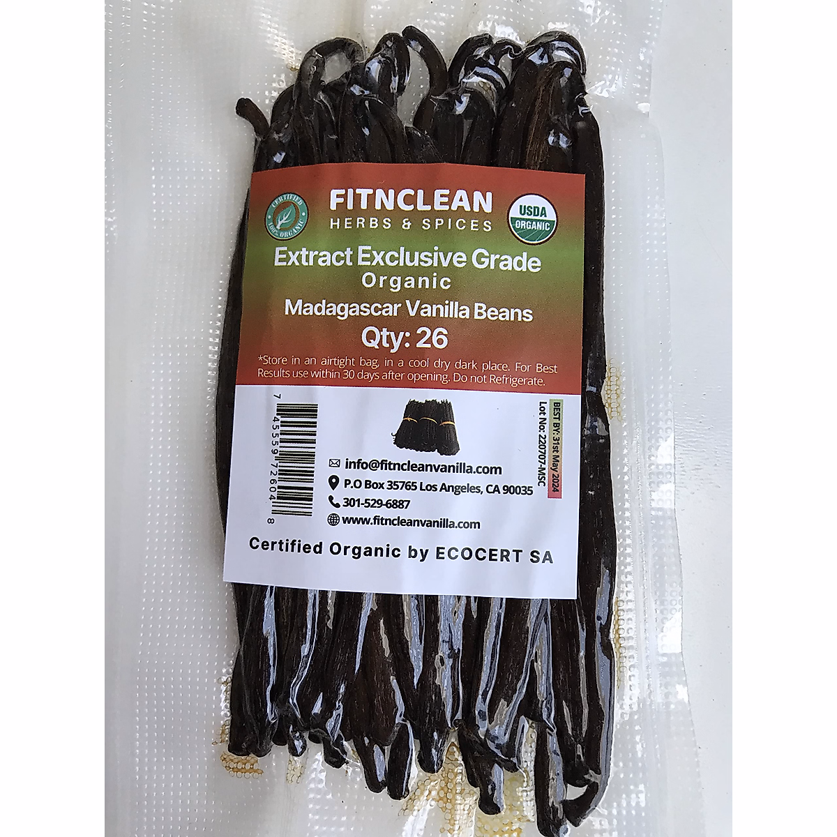 26 Organic Madagascar Vanilla Beans Extract Exclusive Grade B| 4.5" - 5.5" by FITNCLEAN VANILLA| Certified USDA Organic. Bulk Dry Whole Bourbon NON-GMO Pods