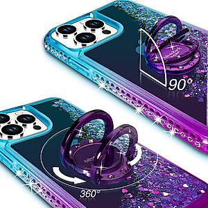 Silverback for iPhone 14 Pro Max Case, Moving Liquid Holographic Sparkle Glitter Case with Kickstand, Girls Women Bling Diamond Ring Protective Case for Apple iPhone 14 Pro Max 6.7''- Purple