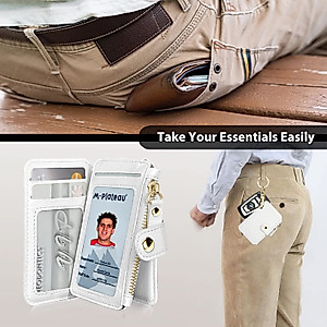 M-Plateau Off white Keychain Wallet, Wallet Women with Circle Coin Purse Keychain and Zipper Card Case,Trifold Leather wallet with ID Window Gift For Women (White)