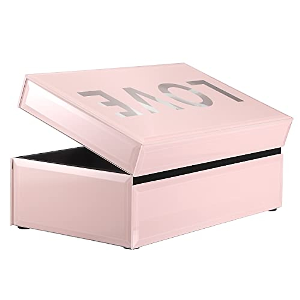 Hipiwe Glass Jewelry Box Trinket Organizer with Hollowed-out LOVE and Sequin Decor,Pink Jewelry Display Box Home Decorative Box Keepsake Gift Box for Women Girls