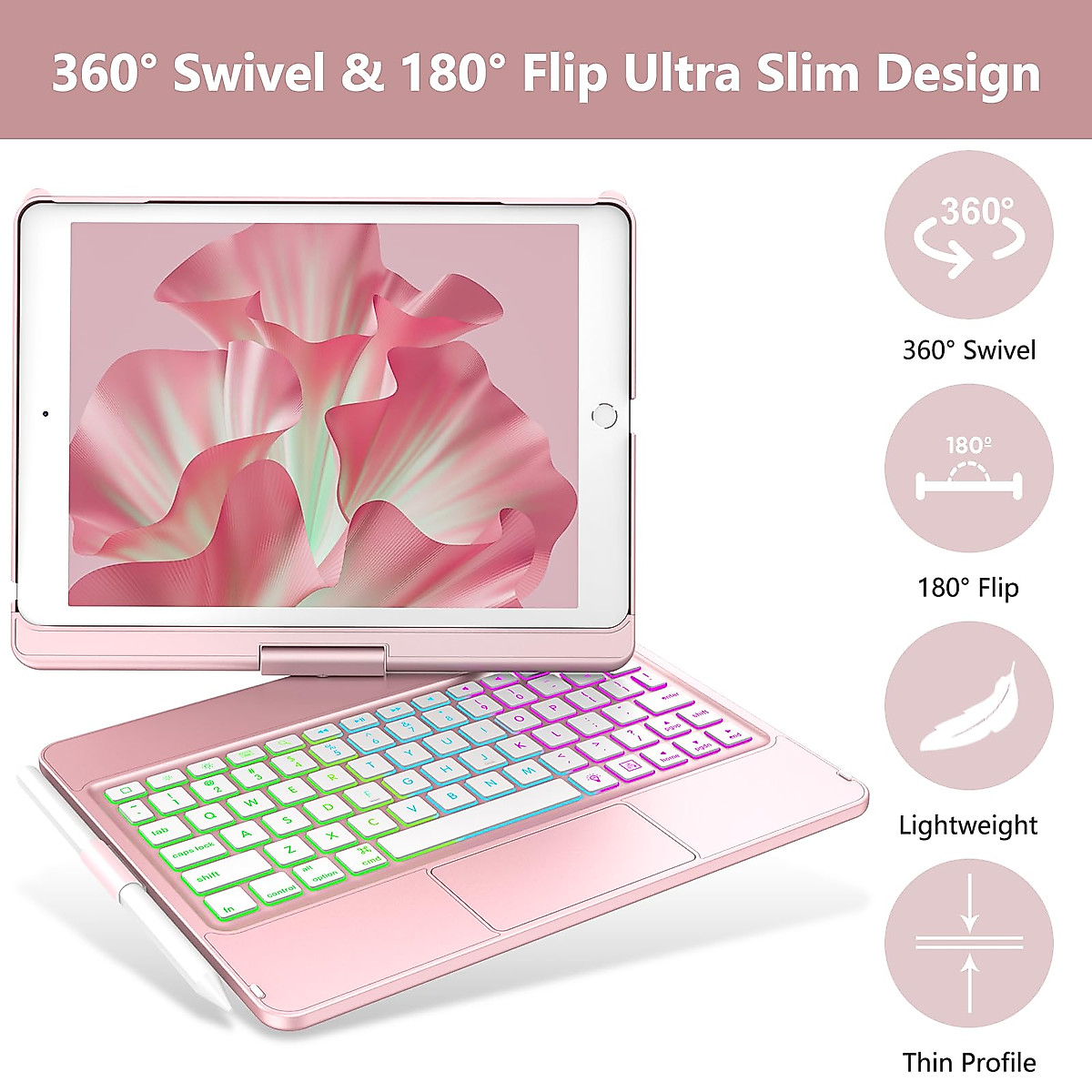 COO iPad Keyboard Case for iPad 10.2" 9th/8th/7th Gen, for iPad Air 10.5"(3rd Gen)/for iPad Pro 10.5 in, Backlit 10 Color 360 Screen Rotation Case for iPad with Keyboard, Auto Sleep/Wake - Rose Gold