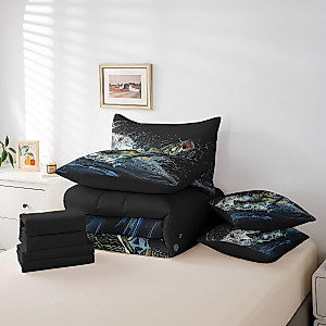 Feelyou Big Pike Fish Comforter Set with Sheets Bass Big Fish Hunting and Fishing Themed 7 Piece Bedding Set for Kids Boys Girls Black Underwater Animals Bed in a Bag for Independence Day Queen Size