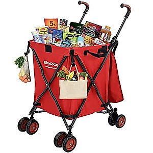 EasyGo Rolling Cart Folding Grocery Shopping Cart Laundry Basket Rolling Utility Cart with Wheels – Removable Canvas Bag - Versa Wheels & Rear Brakes - Easy Folding 120lbs Capacity – Copyrighted – RED