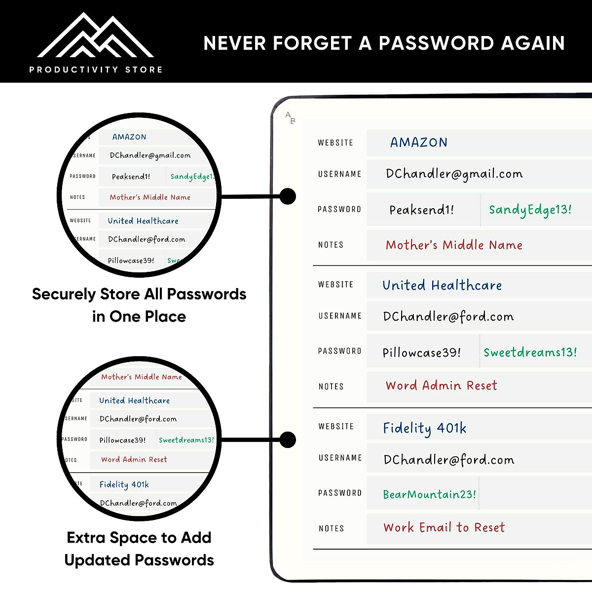 PRODUCTIVITY STORE Best Password Book With Alphabetical Tabs | Small Password Book, Organizer & Notebook | Password Keeper To Keep Website Logins & Passwords Safe | Black | Small 4x5.5