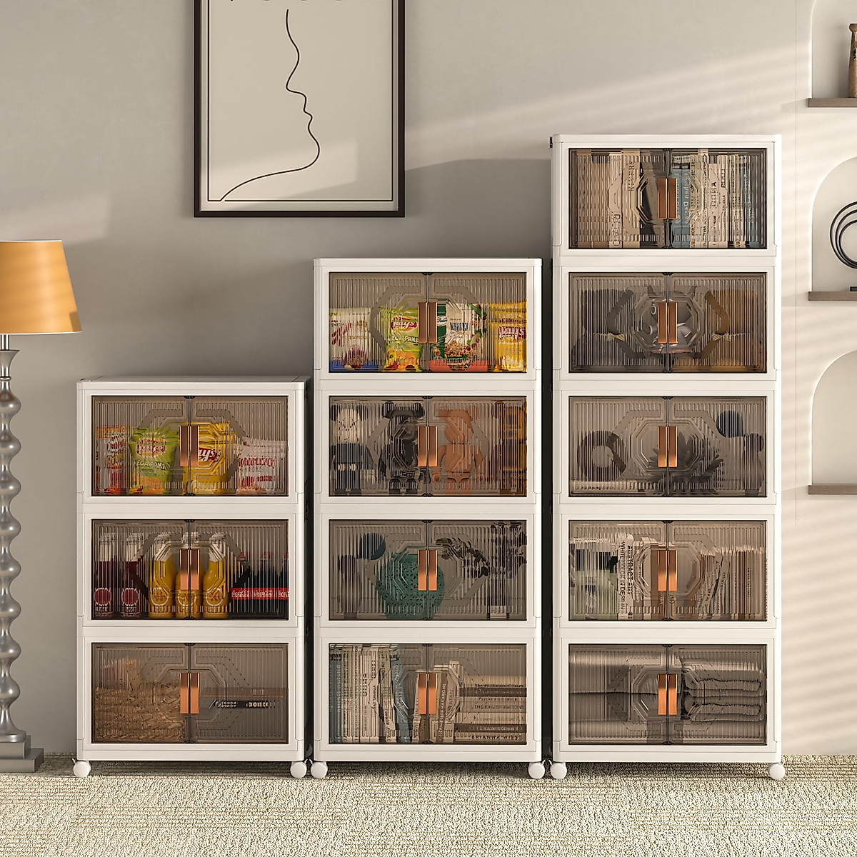 VECELO 16 Gal Stackable Storage Bins with Lid, 5 Pack Plastic Collapsible Storage Cabinet, Foldable Folding Box Organizer/Storage Container Cart with Wheel and Double Door for Home Office, White