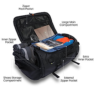 Nepest Large Duffel Backpack Bag, 3-Way Water Resistant Gym Duffle Bag with Shoe Compartment for Sports Workout Travel (Black, 90L)