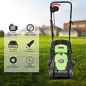 UIIAIOUIAIO Electric Lawn Mower, 14 Inch 12 Amp with Grass Bag and Height Adjustment for Green Lawns. Foldable Handle and Push Corded Design(Green)