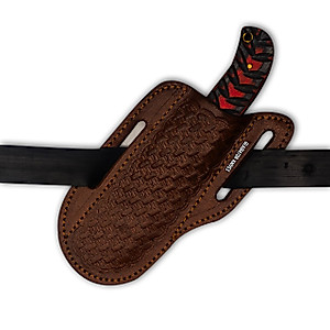 GLADIATOR KNIVES Leather Knife Sheath for Belt, Slanted Pancake Style, Tooled Leather, Cowboy Bull Cutter Cover, Cross Draw, 100% Real Leather (BROWN)