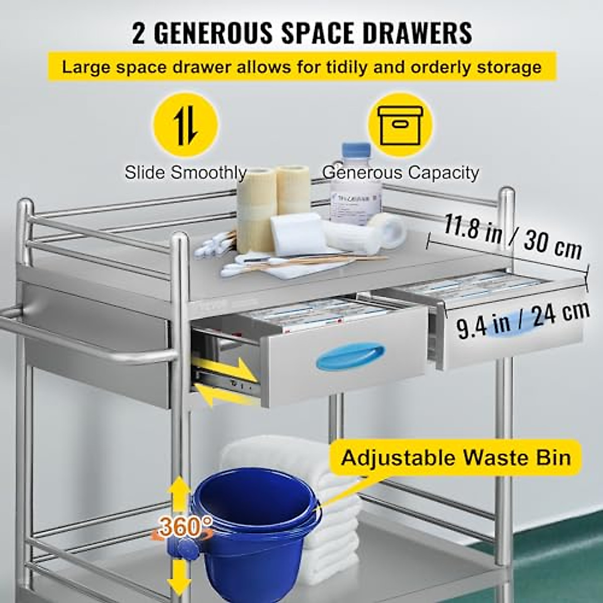VEVOR Lab Serving Cart, 2 Layers Stainless Steel Utility Rolling Cart, Medical Cart with Two Drawers, Dental Utility Cart with Lockable Wheels and A Bucket, for Laboratory, Hospital, Dental Use