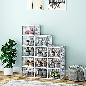 Wolizom 12 Pack Shoe Storage Box, Stackable Shoe Organizer Boxes, Clear Plastic Shoe Organizer for Closet, Space Saving Foldable Shoe Holder Sneaker Containers Bins