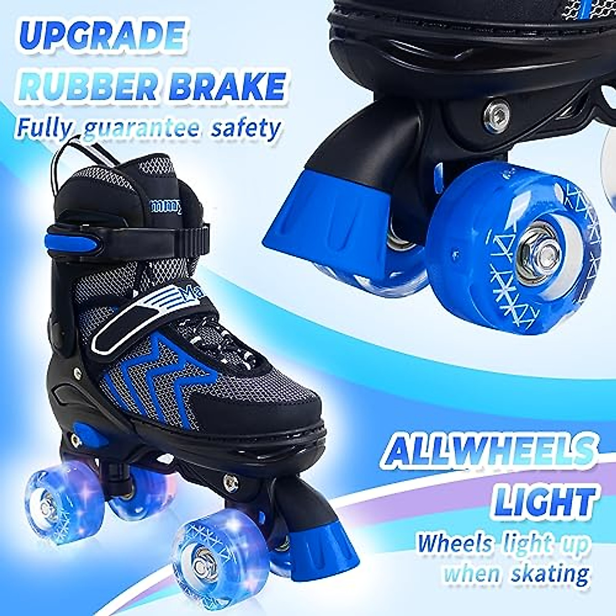 Roller Skates for Boys and Girls, 4 Sizes Adjustable Quad Skates for Kids with All Light up Wheels, Full Protection for Toddler's Indoor and Outdoor Sports Size 9 10 11 12