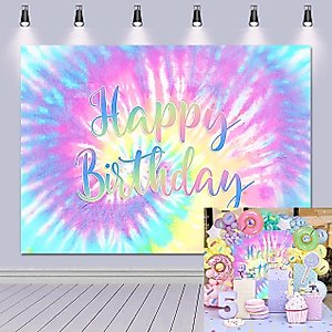 Rainbow Backdrop for Happy Birthday 7X5FT Macaron Pastel Colorful Birthday Photography Background Tie Dye Theme Party Supplies Children Women Girls Sweet 16th Birthday Cake Table Decoration Banner