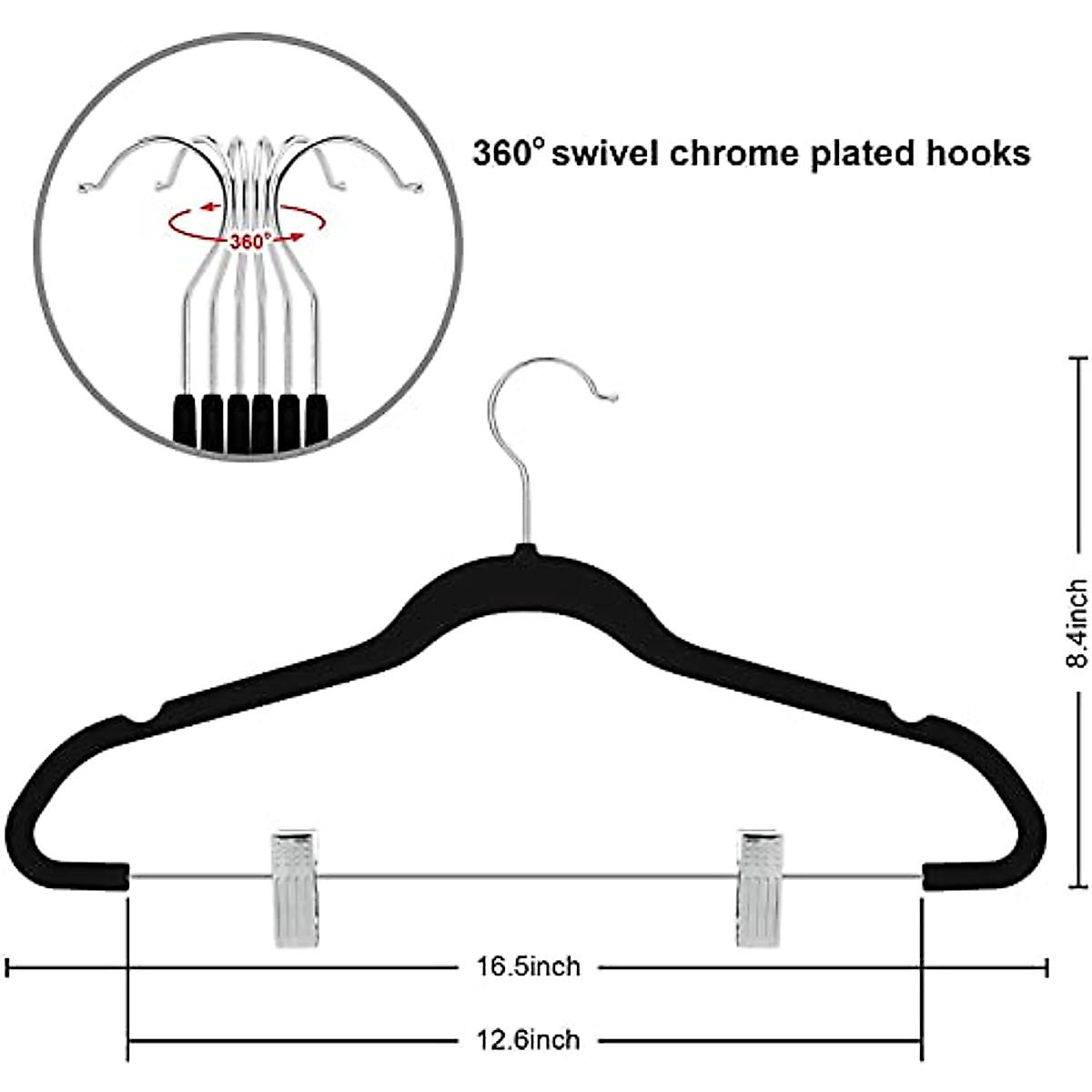 TIMMY 30-Pack Pants Hangers, 16.7-Inch Long Velvet Trousers Hangers with Adjustable Clips, Heavy-Duty, Non-Slip, Space-Saving ，360 ° Swivel Hooks Black Velvet Hanger