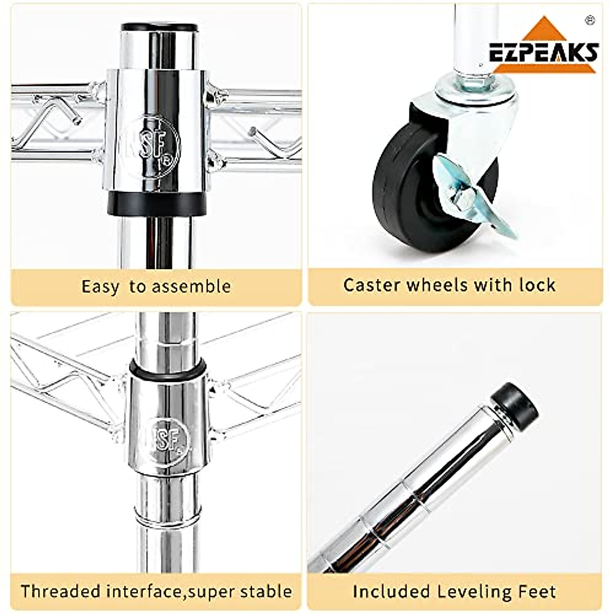 EZPEAKS Chrome 5-Shelf Shelving Unit on 3'' Wheels with Shelf Liners Set of 5, NSF Certified, Adjustable Heavy Duty Steel Wire Shelving Rack (30W x 14D x 63.7H) Pole Diameter 1 Inch