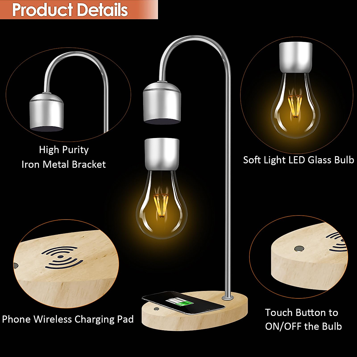 Levitating Light Bulb Floating Lamp Magnetic Levitation Anti-gravity LED Night Lights Cool Lamps for Bedrooms Decor Unique Desk Toys Office Gifts Home Decorations with Wireless Charger (Apple/Android)