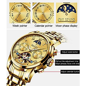 OLEVS Gold Couple Automatic Watches for Men and Women His and Hers Watch Set Gifts Mechanical Self-Winding Tourbillon Big Face Dress Wrist Watch with Day Date Calendar Golden