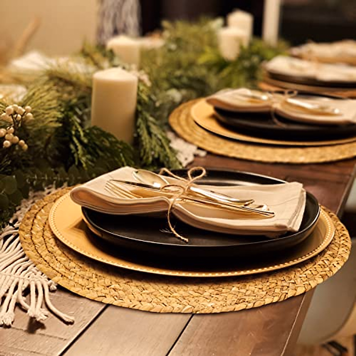 Haxhut Round Woven Placemats - Natural Placemats Set of 6, Straw Braided Rattan Placemats, 13.5 Inches, Non-Slip, Heat Resistant, Hand Woven Chargers for Dining Table (Pack of 6)