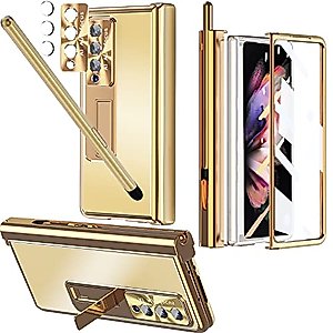 NINKI Compatible Samsung Galaxy Z Fold 3 Phone Case with Screen Protector & S Pen,Aluminum Hinge Protection Stand Case Samsung Z Fold 3 Case with S Pen Holder,Galaxy Fold 3 Metal Case with Stand Gold