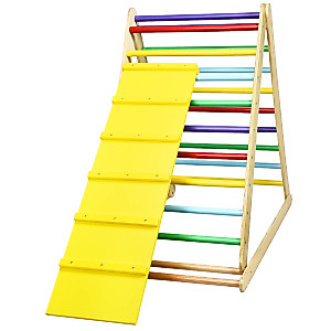 HONEY JOY Triangle Climber with Ramp, 2-in-1 Indoor Toddler Climbing Triangle Set with Ladder & Slide, Foldable Wooden Kids Climbing Toys for Playground, Gym & Daycare, Gift for Boys Girls (Colorful)