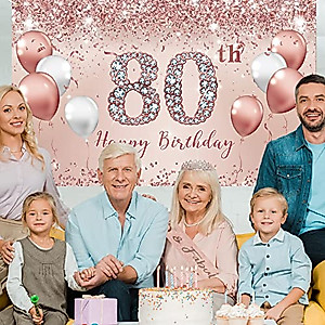 Trgowaul 80th Birthday Decorations for Women, Rose Gold 80th Birthday Backdrop Banner, 80 & Fabulous Sash, 80th Birthday Tiara Crown, Pink Party Supplies, Happy 80 Year Old Birthday Ideas Favor