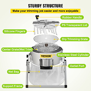 VEVOR Bud Leaf Trimmer, 16 inch Manual, Hydroponic Dry and Wet Plant Trimming Machine w/Sharp Stainless Steel Blades & Solid Metal Gearbox & Hand Pruner, Twisted Spin Cut for Herbs, Flowers, Silver