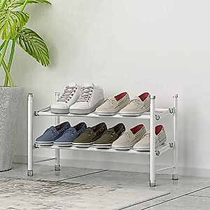 BNMGH 2-Tier Expandable Shoe Rack for Closet, Stainless Steel Freestanding Telescopic and Stackable Sturdy Durable 12-Pairs Storage Organizer Entryway Doorway 1pc (Silver)