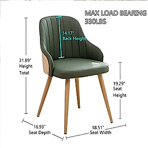 YOUUGIOR Modern Dining Room Chairs, Mid Century Leather Upholstered Accent Arm Chairs,Leisure Side Chairs with Metal Legs and Bamboo Back for Kitchen Room,Dining Room,Set of 2,Green.