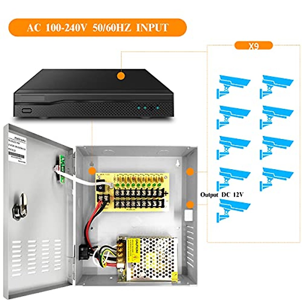 WEILAILIFE CCTV Power Supply Box, 9 Channel 12V 5A DC Distributed Power Supply Box, AC Plug Cord & Key Lock, Output AC to DC for Security Camera System, DVRs, IP Cameras, CCTV Cameras