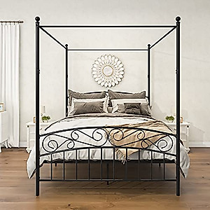 USIIN Queen Size Metal Canopy Bed Frame with Headboard and Footboard Black