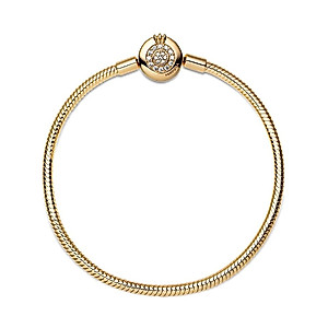 PANDORA Moments Sparkling Crown O Pavé Clasp Snake Chain Bracelet - 14k Gold-Plated Charm Bracelet for Women - Compatible Moments Charms - Cubic Zirconia Shine - 7.1"