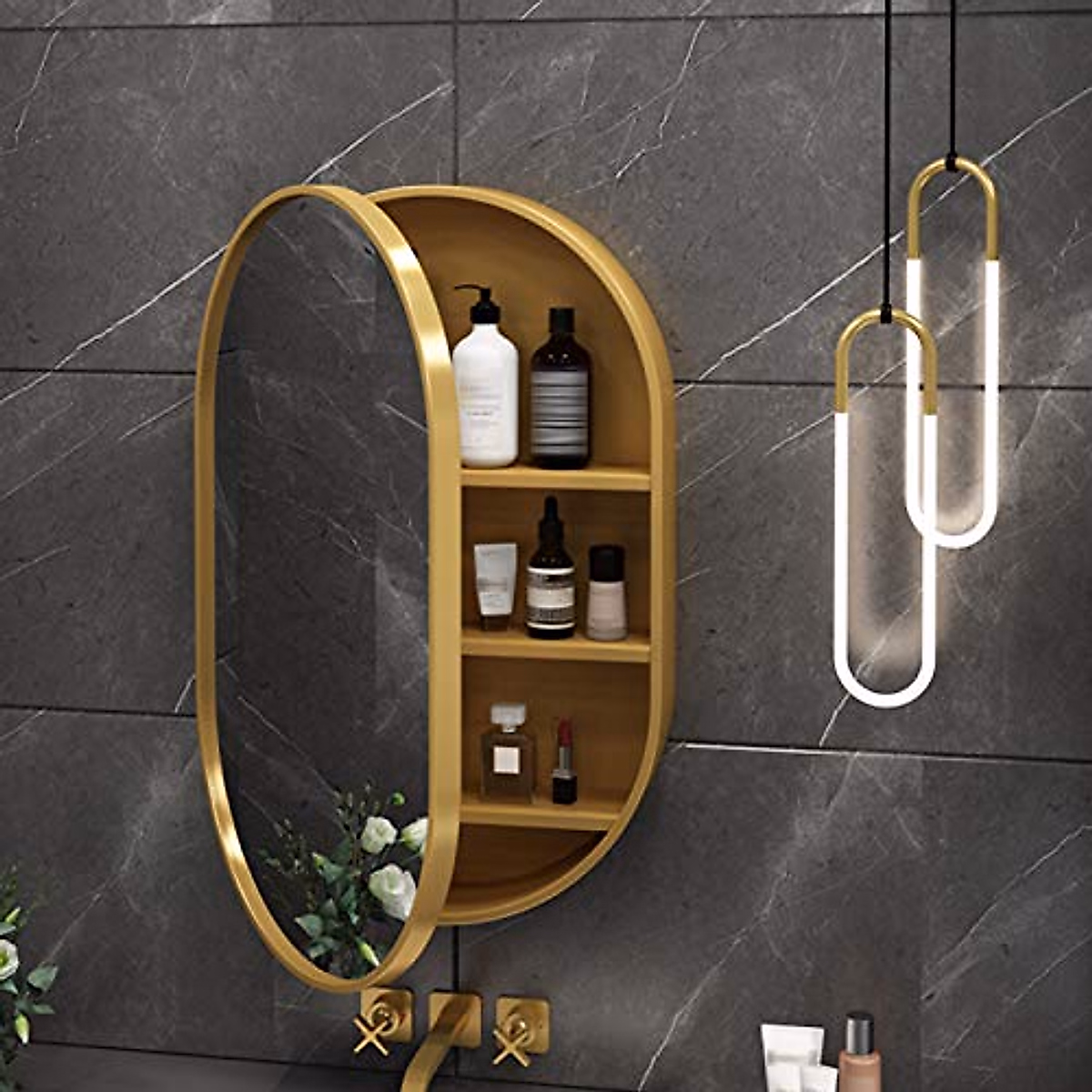ZTGL Oval LED Lighted Mirror Cabinet, Wall-Mounted Bathroom Medicine Cabinet, Touch Button, Slow Close Hinge, 19.7x31.5 in,Gold,Lights Defogging