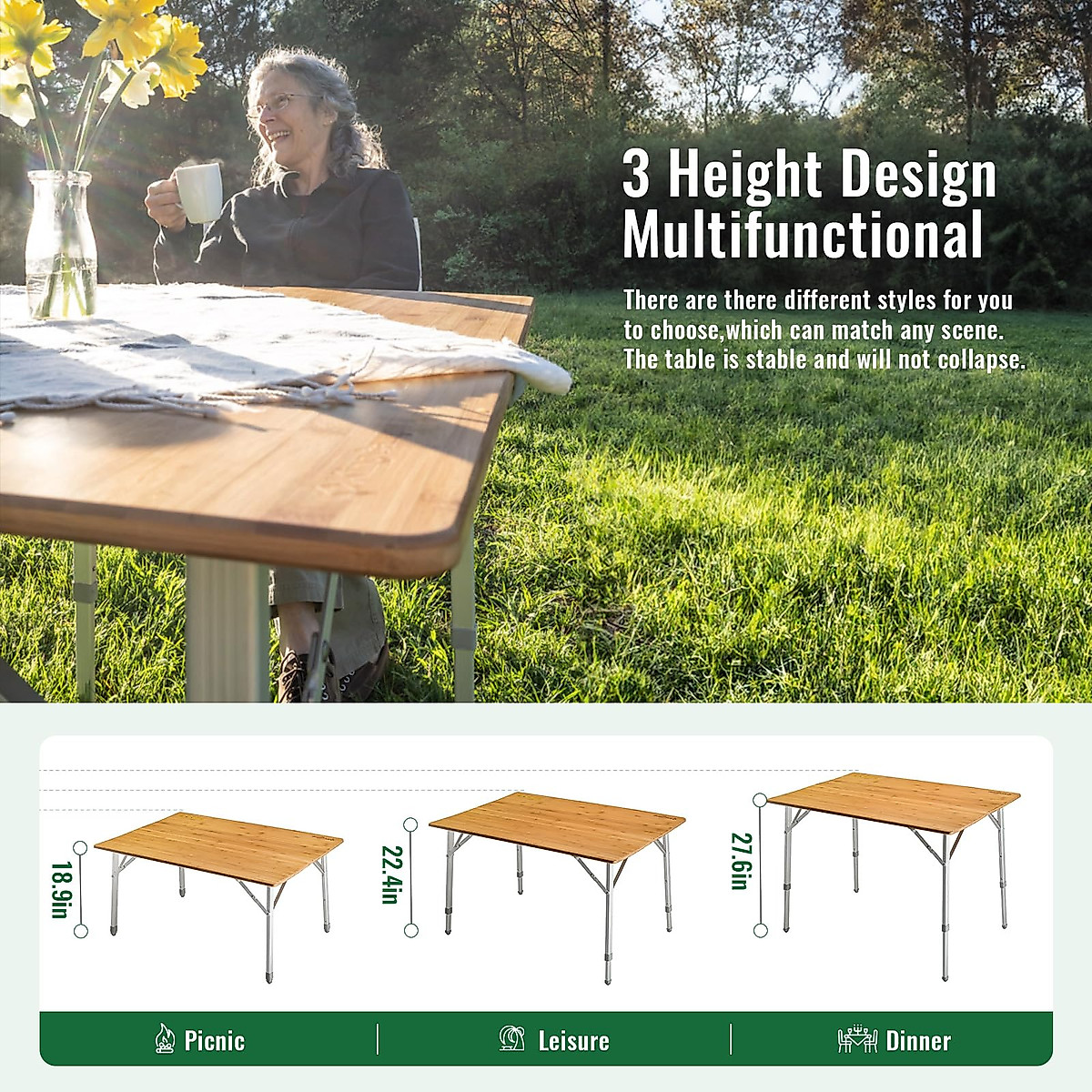 KingCamp Bamboo Folding Table Portable Camping Table Adjustable Height Camp Table 2-Folds for Travel, Picnic, Beach, Outdoor and Indoor, 4-6 People