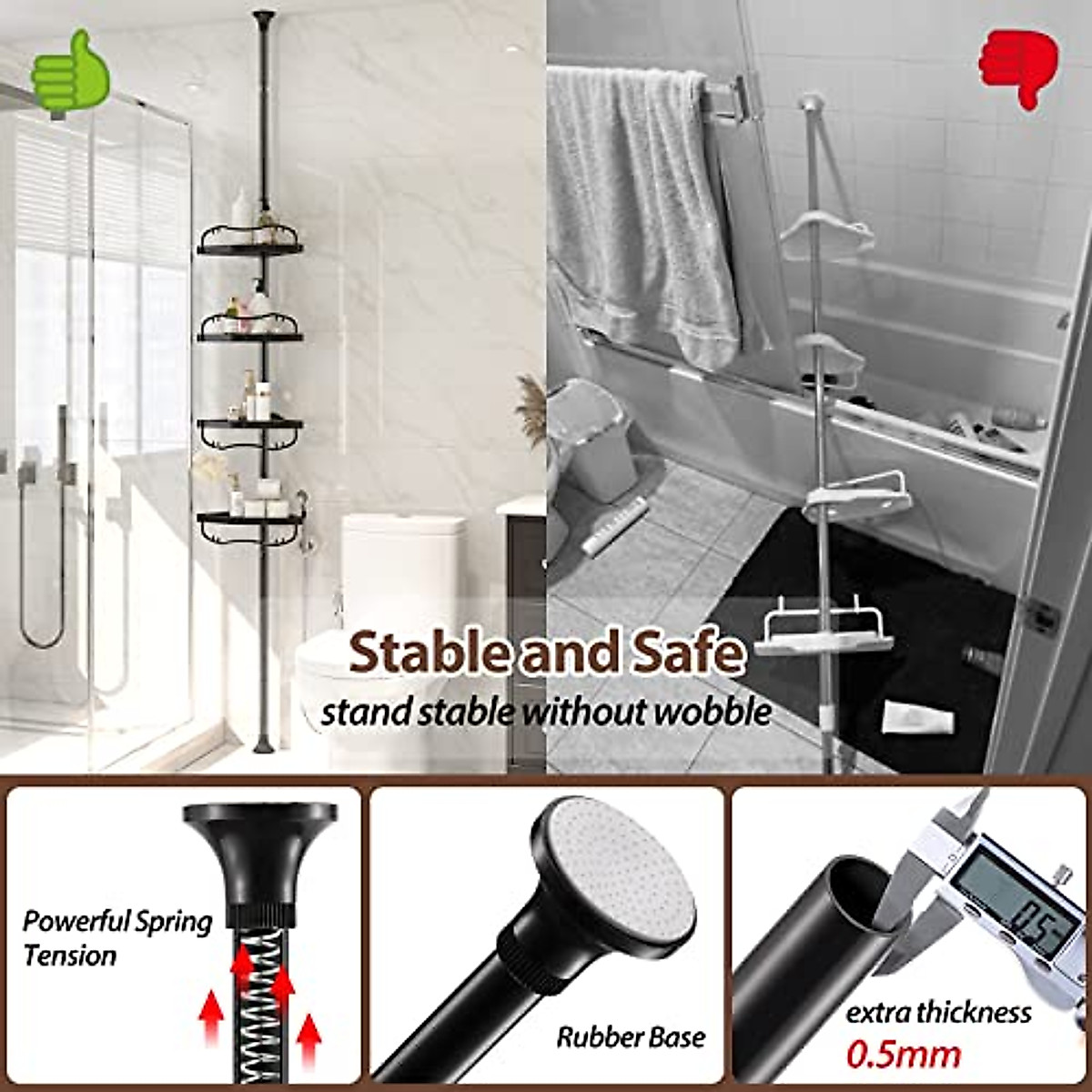Corner Shower Caddy Tension Pole - Stainless Steel Rustproof Standing Shower Caddies Rack with 4 Tier Shelf for Bathroom Bathtub Organizer,54-114" Adjustable - Black