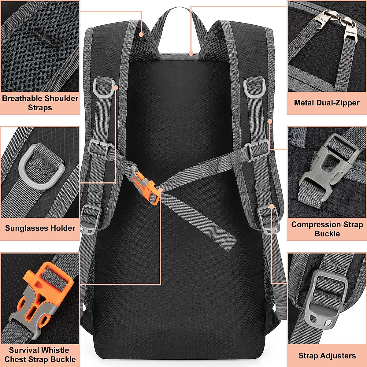 TOMULE 25L Small Hiking Backpack Travel Daypack, Water Resistant Packable Camping Bike Backpack for Women Men