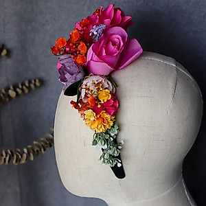 Vividsun Flower Crown Day of the dead Headpiece Party Fiesta Flower Headband (Pink fuchsia green leaf)