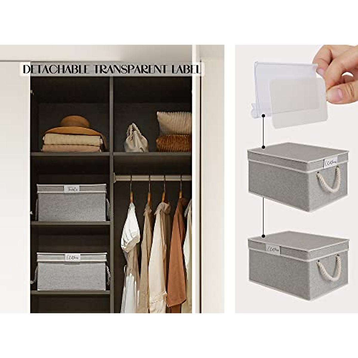 LoforHoney Home Fabric Storage Bins with Lids for Organizing, Foldable Storage Boxes with Lids for Shelves, Clothes Baskets with Cotton Rope Handles, Closet Storage Bins, Large, Light Gray, 2-Pack