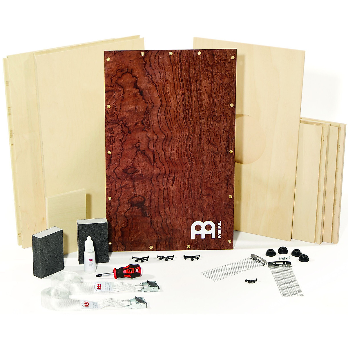 Meinl Deluxe Make Your Own Snare Cajon Kit with Tool Box - MADE IN EUROPE - Burl Wood Frontplate / Baltic Birch Body, Includes Easy to Follow Manual, 2-YEAR WARRANTY (DMYO-CAJ-BU)