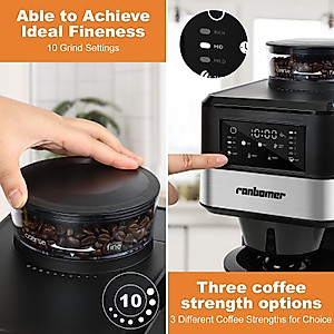 Ranbomer Coffee Maker With Grinder, 10 Cup Coffee Machine,Programmable Grind & Brew, Keep Warm Plate Coffee Machine and Burr Grinder Combo，51 oz