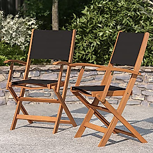 Merrick Lane Stora Set of 2 Indoor/Outdoor Acacia Wood Folding Patio Bistro Armchairs with Black Textilene Mesh Back and Seat, Natural