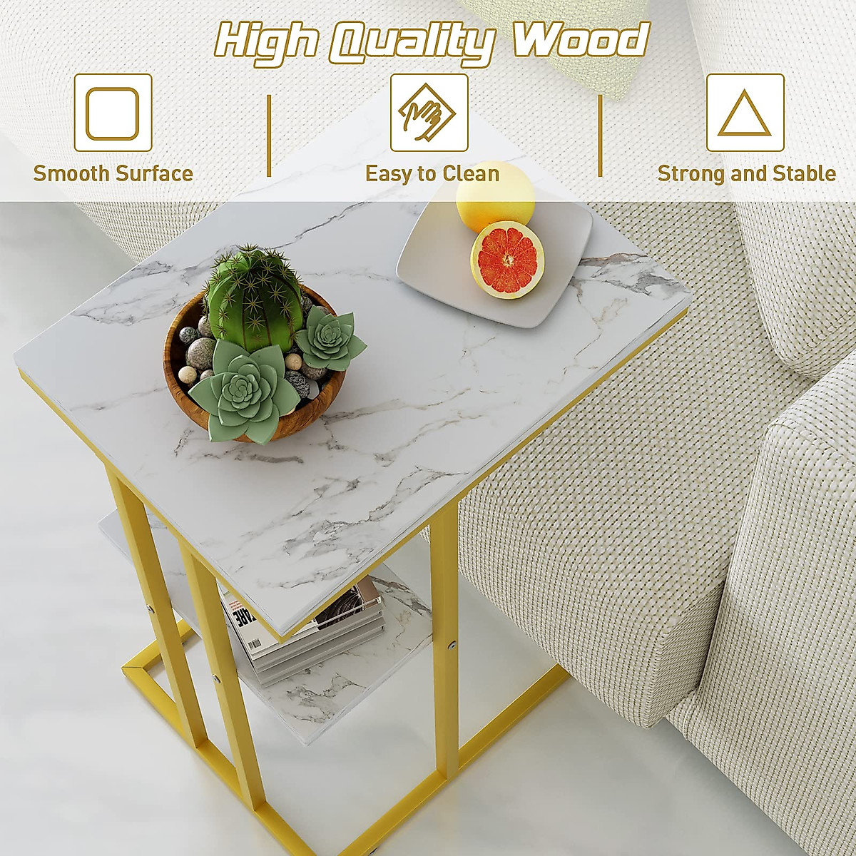 Easy Paws C Shaped End Table,Small Side Table for Couch and Bed, Gold Snack Couch Table for Small Spaces, Living Room, Bedroom,Bedside(Gold)