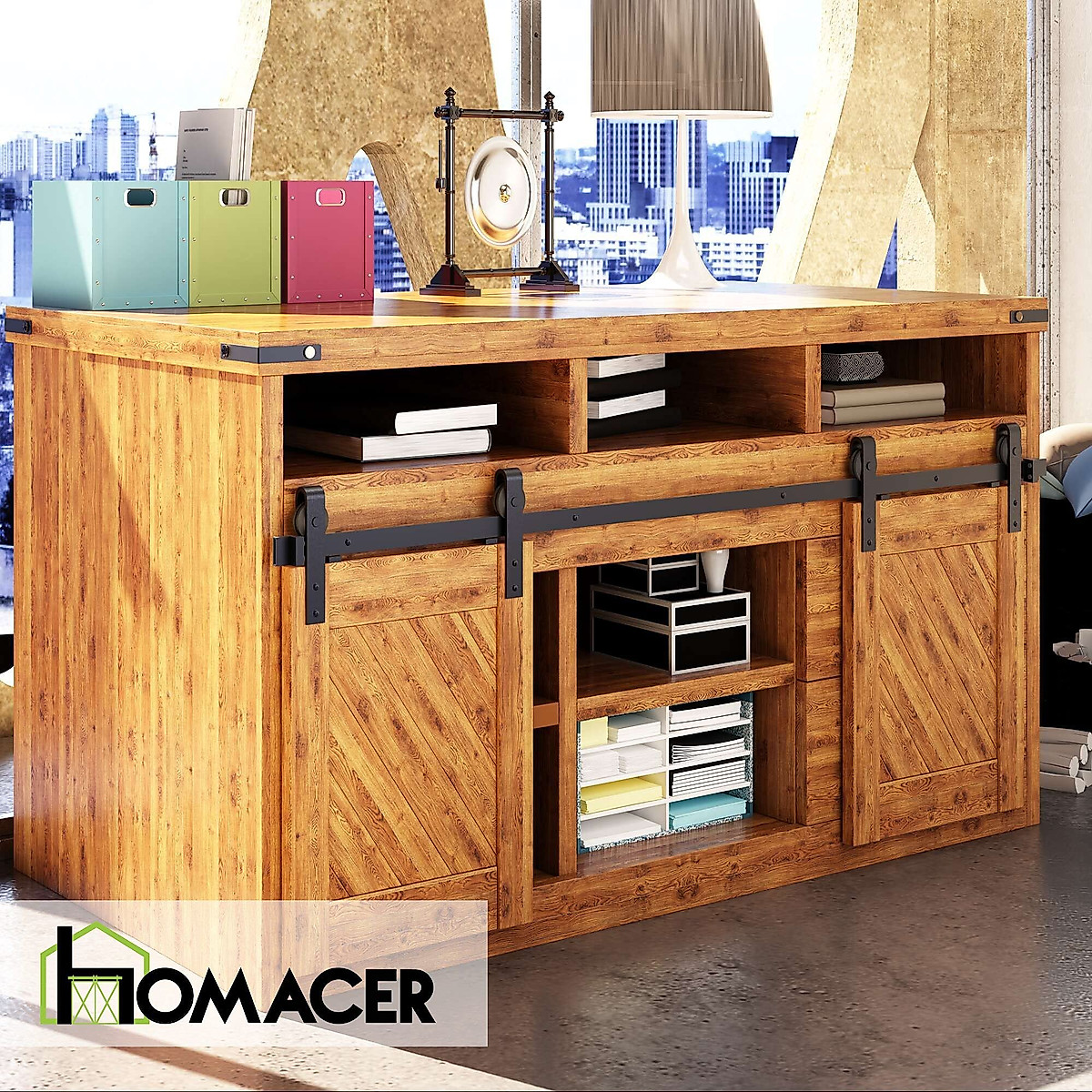 Homacer Mini Black Rustic Non-Bypass Sliding Barn Door Hardware Kit, for Two/Double Doors, 120-inch Long Flat Track, Classic Design Roller, Cabinet TV Stand Console Use…