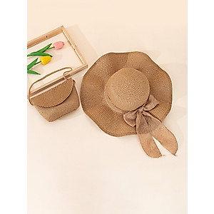 Verdusa Women's Bow Wide Brim Straw Sun Hat and Crossbody Straw Bag Set Khaki One-Size